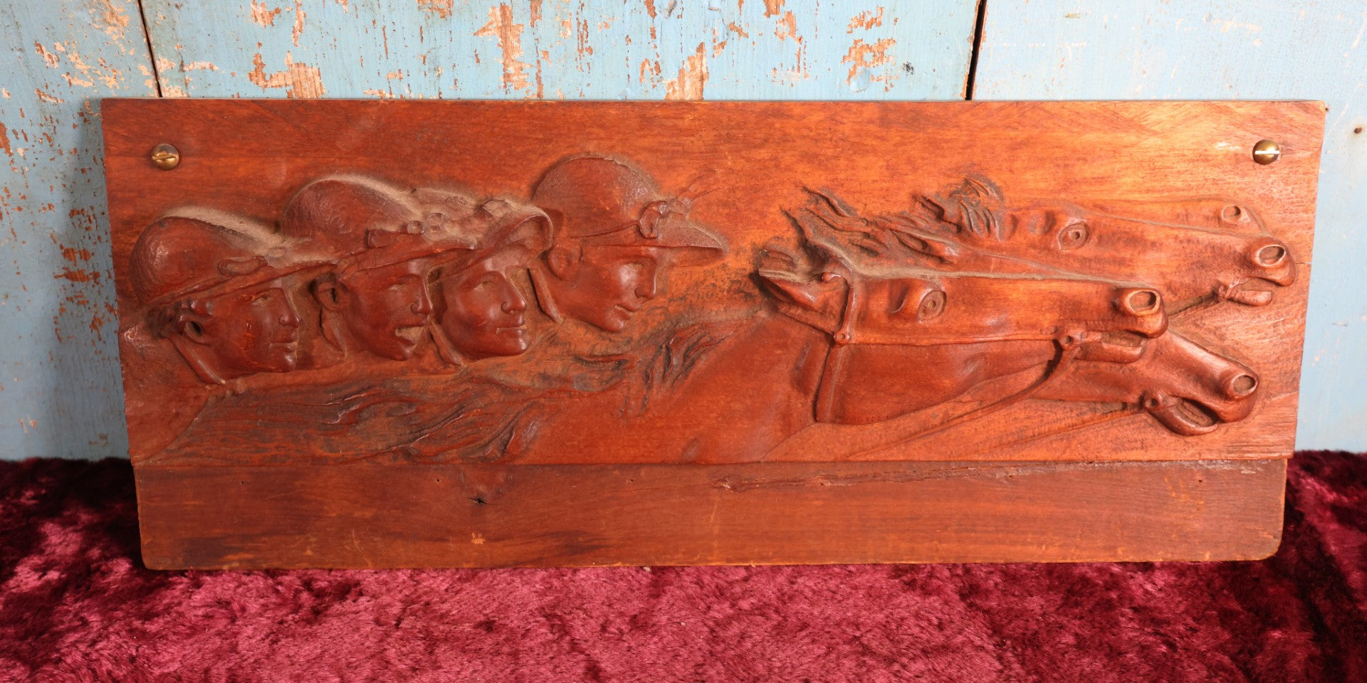 Lot 007 - Antique Wood Carved Horse Racing Plaque With Jockeys And Hor ...