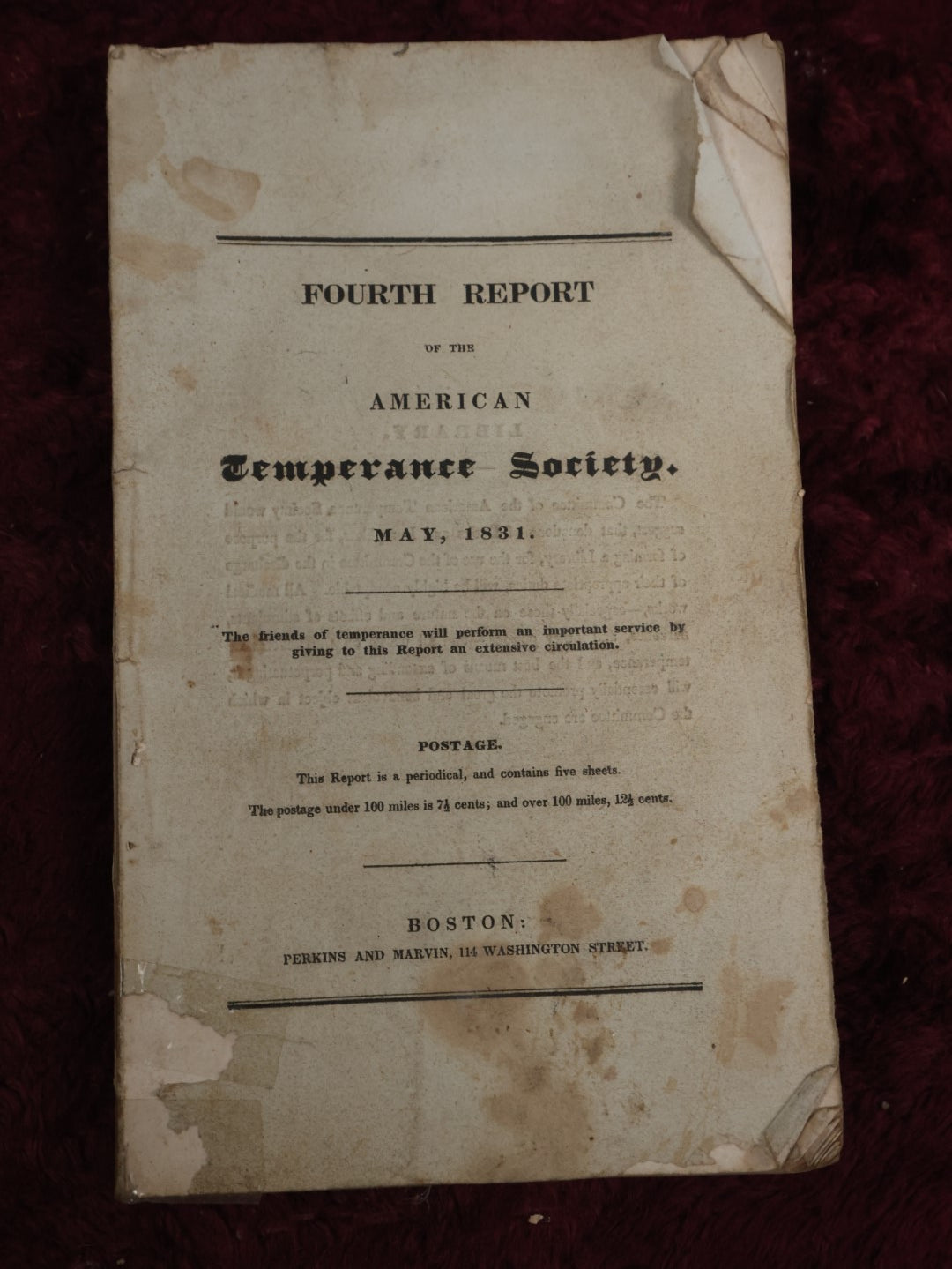 Lot 135 - Fourth Report Of The American Temperance Society, May 1831 A ...