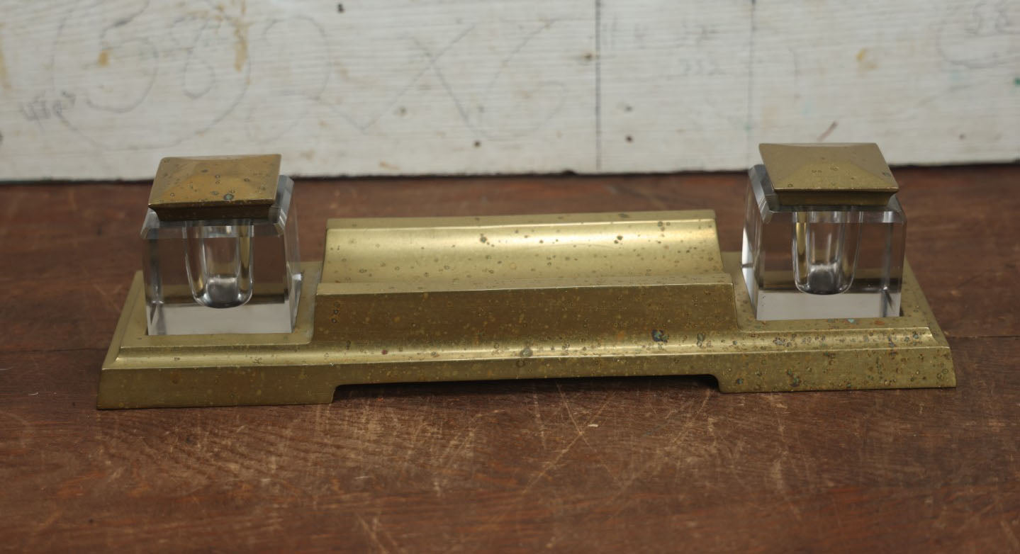 Lot 016 - Antique Double Inkwell With Heavy Brass Base And Pen Rest Wi ...