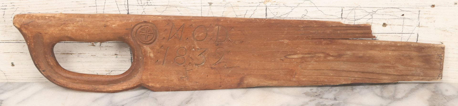 Lot 027 - Antique Folk Art Carved Wooden Sword Toy Fragment, Dated 183 ...