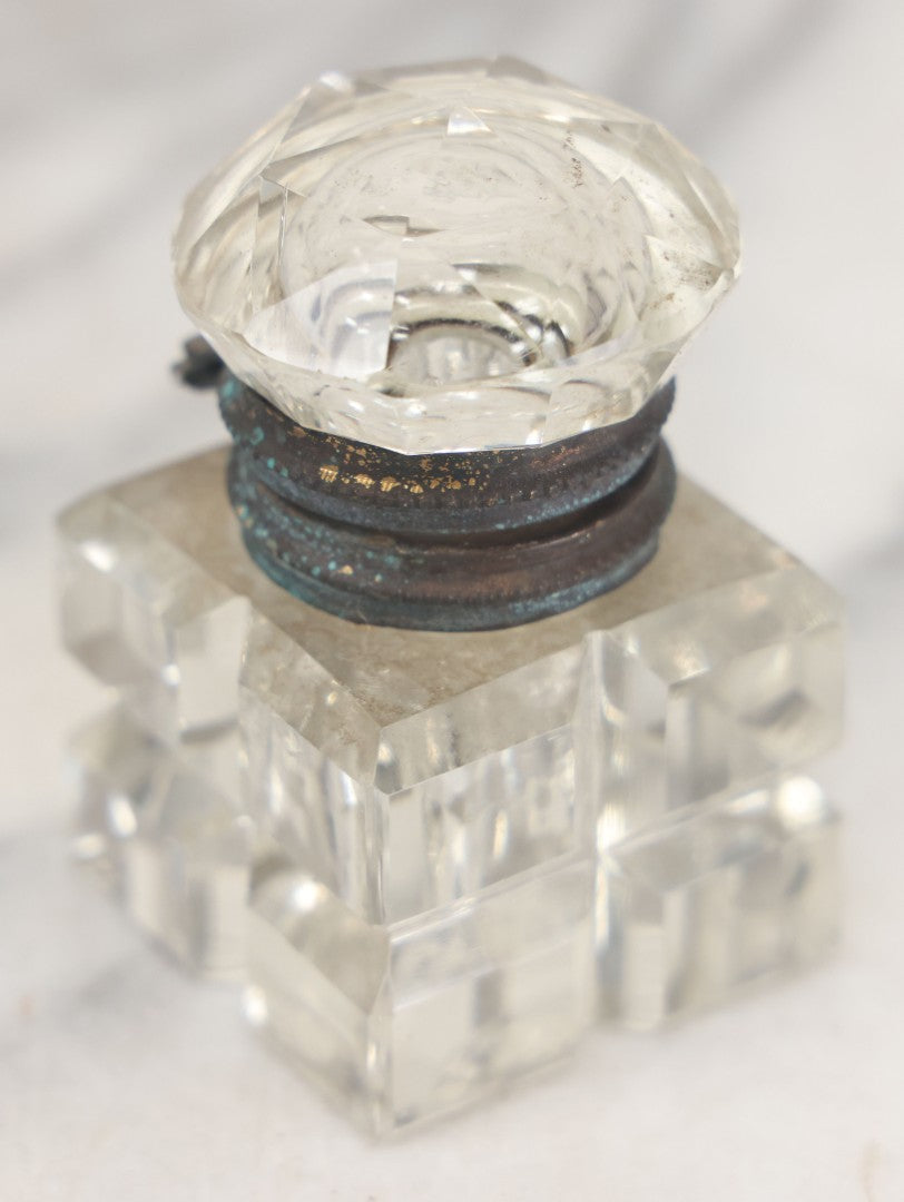 Lot 100 - Antique Cut Glass Inkwell With Square Base, Hinged Lid, Note ...