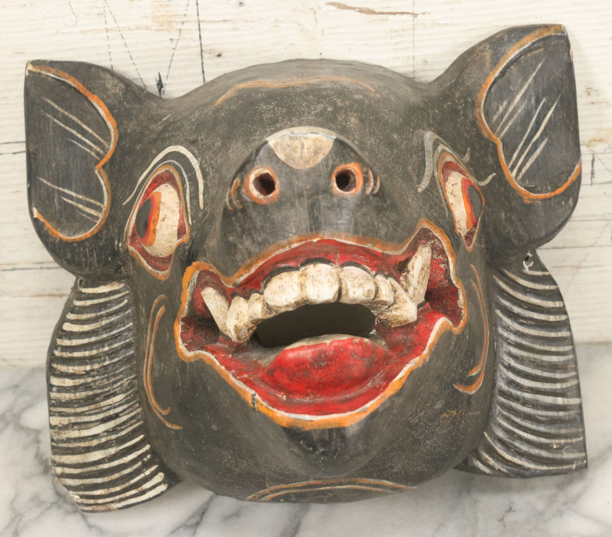 Lot 007 - Vintage Grinning Bat Mask, Hand Carved Wood, Hand Painted, W ...