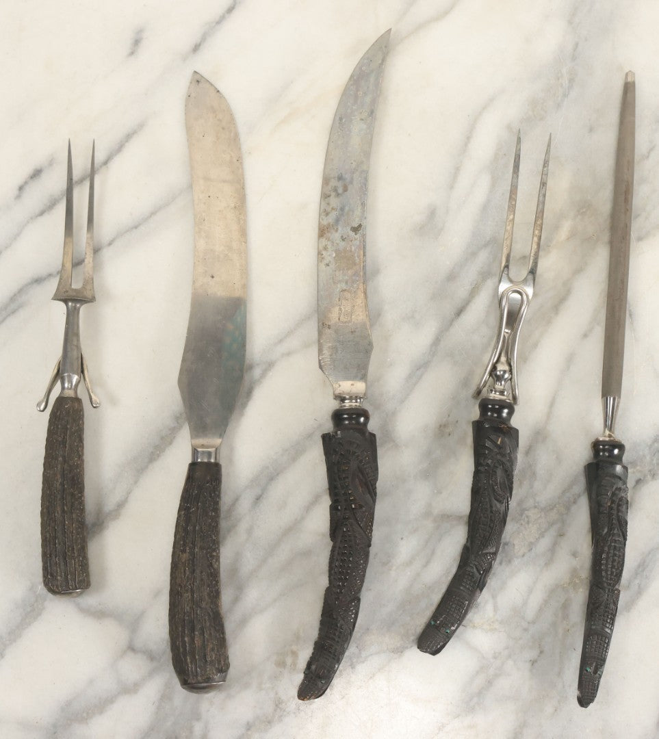 Lot 110 - Grouping Of Five Mixed Carving Utensils Including Carved All ...