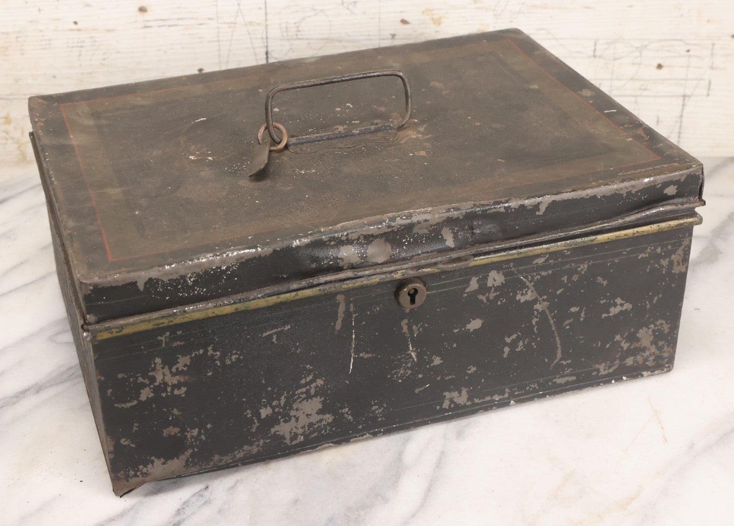 Lot 063 - Antique Painted Tin Lock Box With Black Paint, Red Pinstripe ...