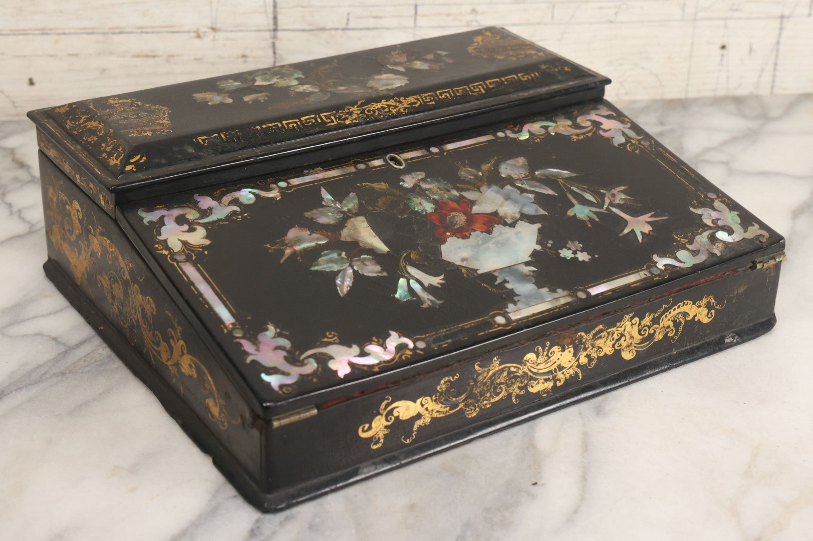 Lot 007 - Antique Black Lacquered Writing Desk Box With Mother Of Pear ...