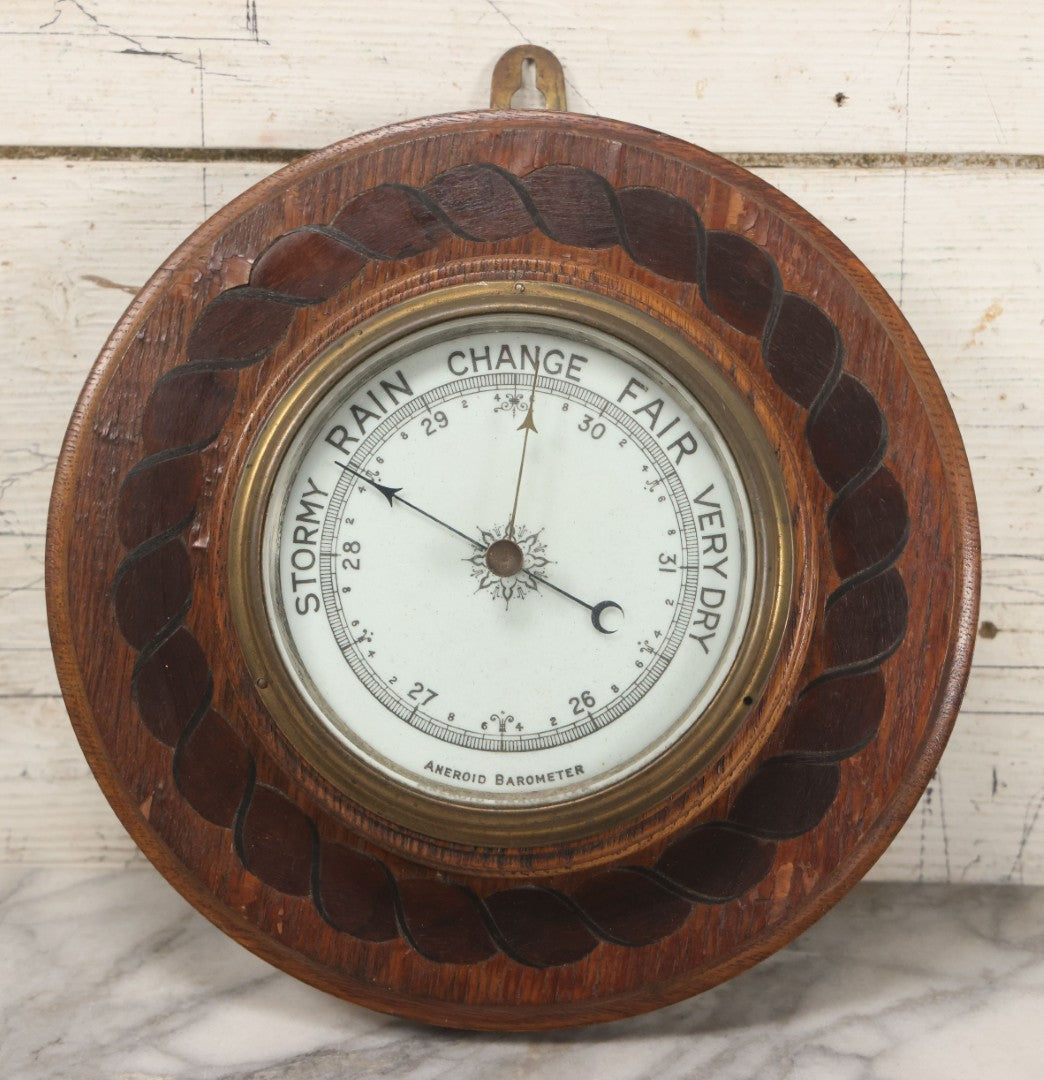 Lot 022 - Vintage Aneroid Barometer On Wood Plaque With Twisted Rope I ...